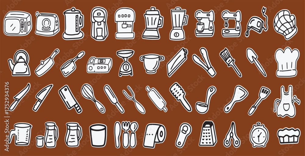 Hand Drawn Doodle kitchen tools icons Set, Cute Cartoon Equipment ...