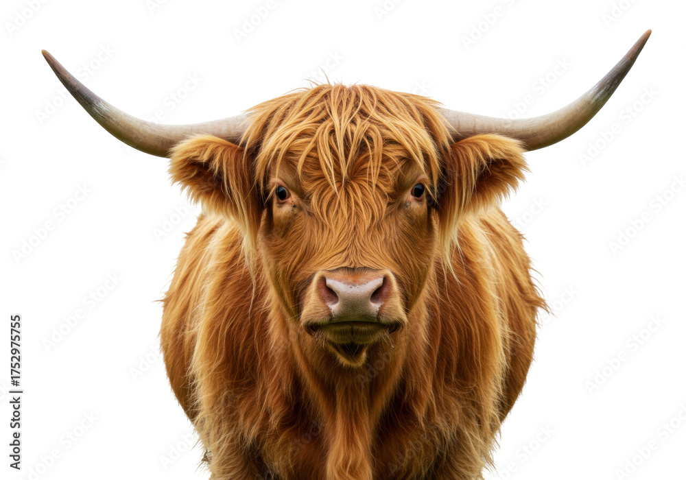 Isolated Highland cattle portrait facing forward with horns pointing ...