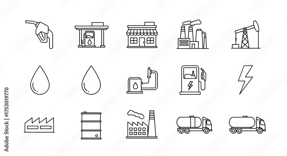 Fuel and energy industry vector icon set. Line art collection of oil ...