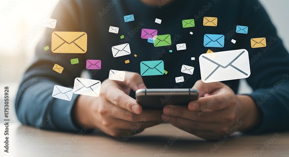 Person sending and receiving emails on a smartphone, digital ...