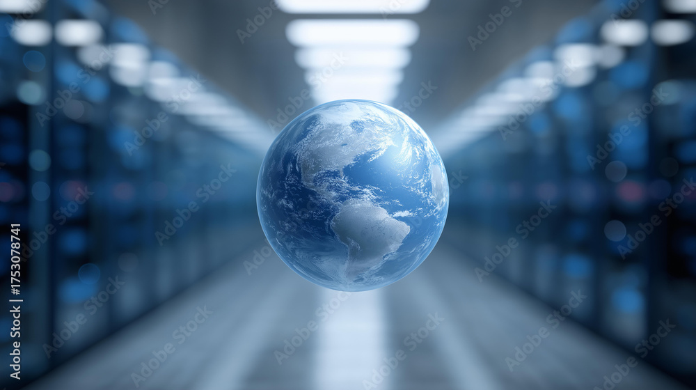 Spherical model and union emblem in a data center, global trade ...