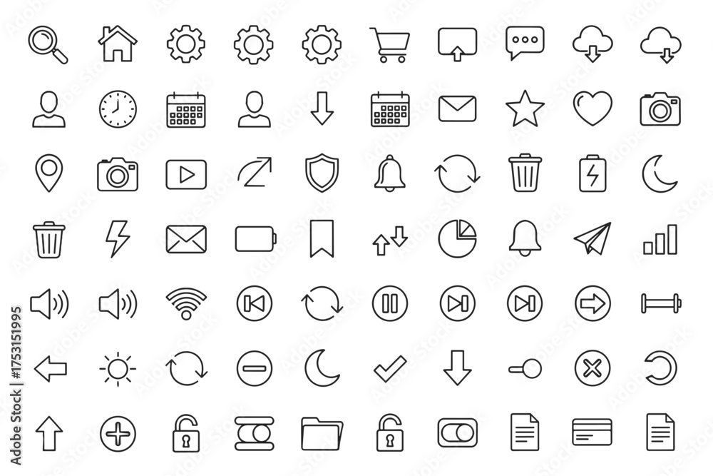 Pixel perfect basic user interface icon set, 48x48 pixel line art ...