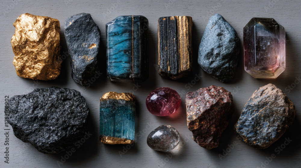 Small piles of various minerals extracted from a rare earth mine ...