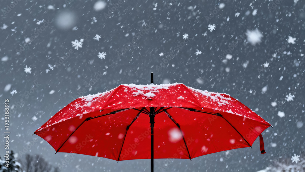 ภาพถ่าย Stock Snowflakes fall gently around a bright red umbrella set ...