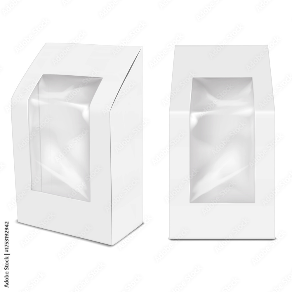 White paper box with clear plastic window to display product. Realistic ...