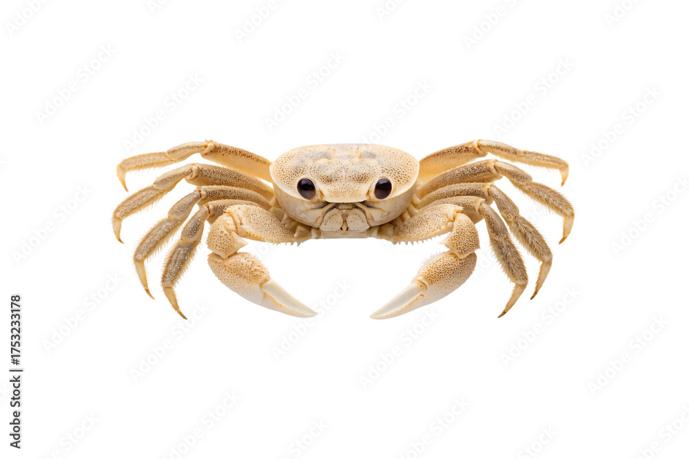 Pale cream-colored crab with extended legs and claws in spread position ...