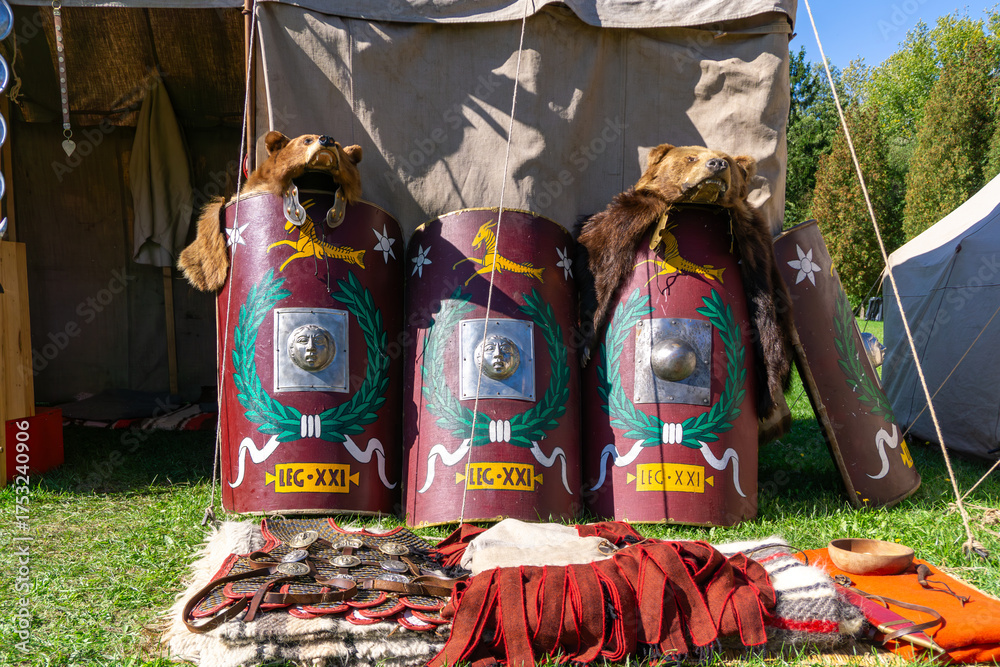 Roman legion shields and bear skins displayed in front of historical ...