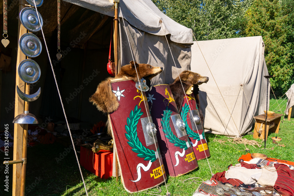 Roman legion shields and bear skins displayed in front of historical ...
