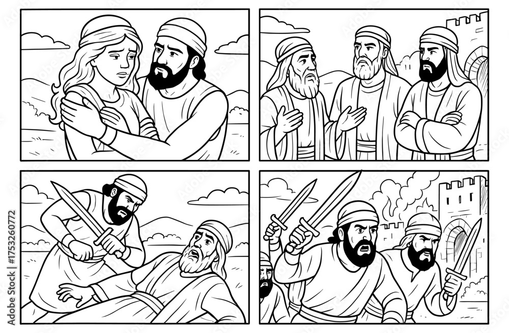 Biblical story panels about conflict and loyalty depicting historical ...