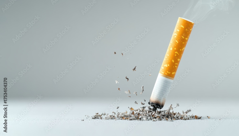 Cigarette burning with ash and rising smoke, discarded cigarette end on ...