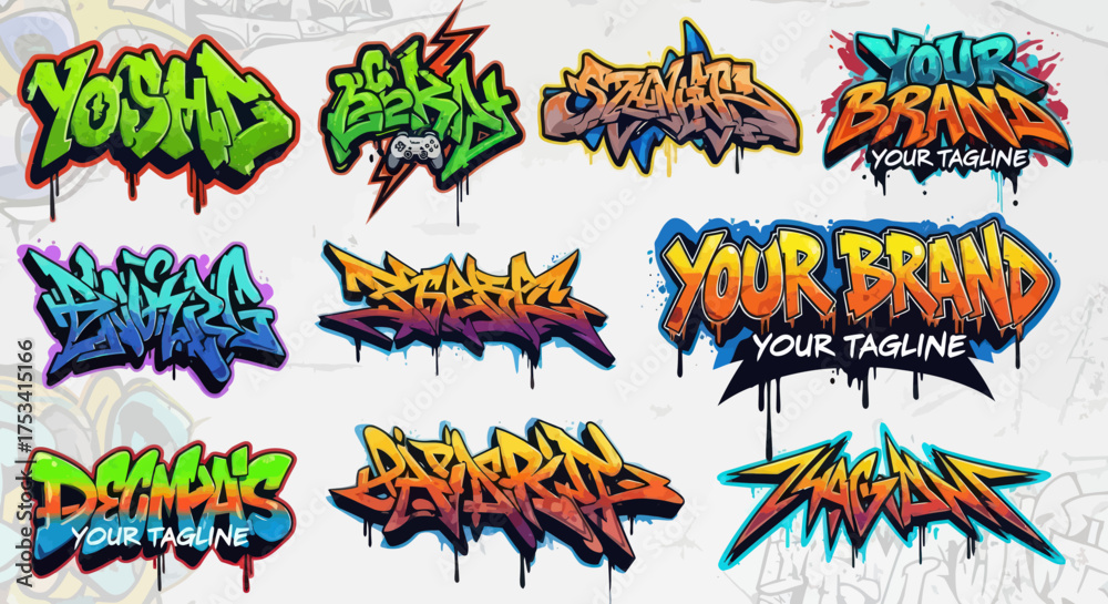 A diverse collection of colorful urban graffiti style logos and text ...