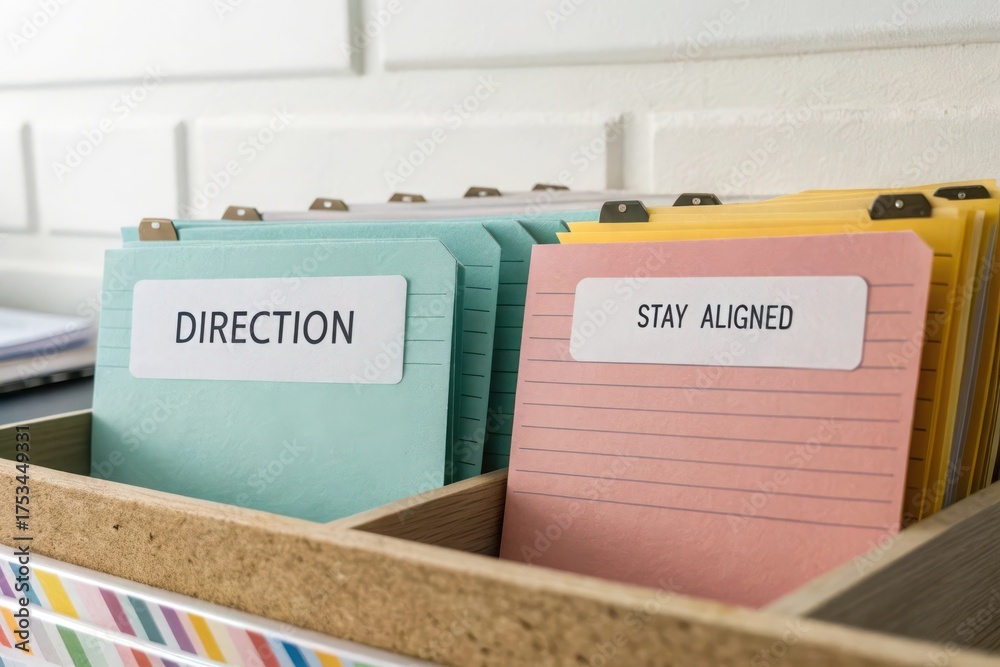 Organized file storage with labeled folders indicating direction and ...