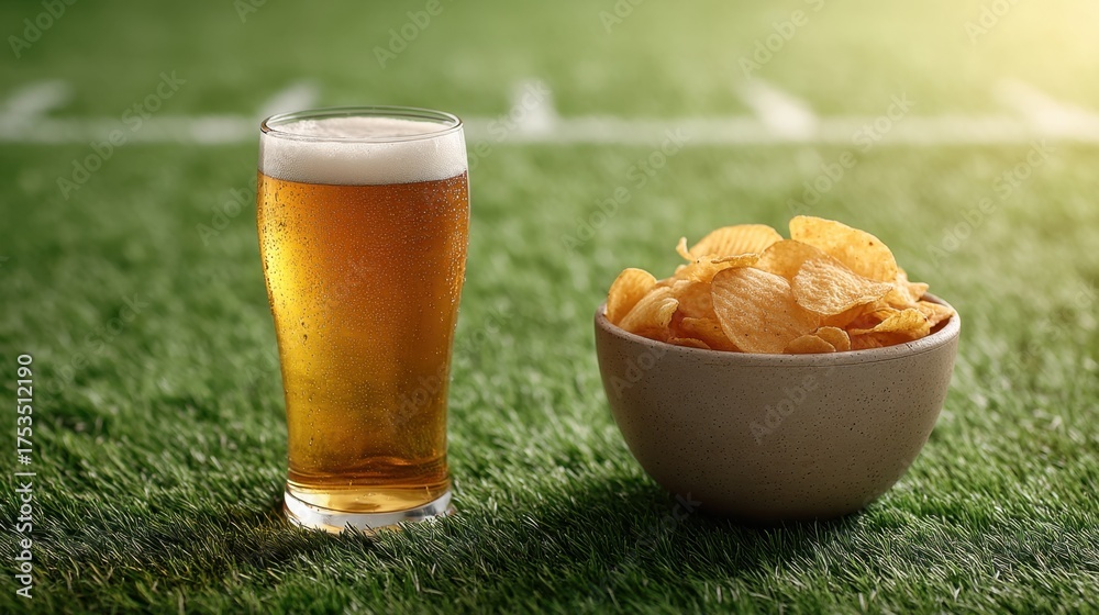 Refreshing Glass of Beer Next to Crispy Potato Chips on a Bright Green ...