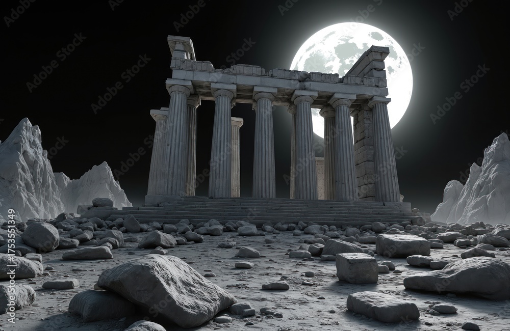 Ancient temple ruins stand beneath big moon. Columns show lost grandeur ...