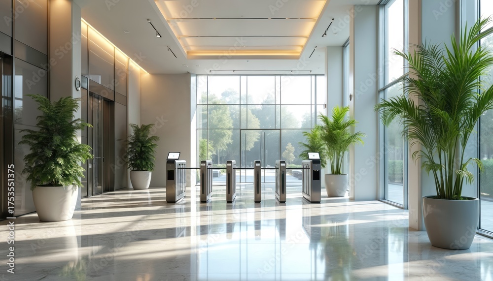 Bright office entrance automated gates plants. Modern building interior ...