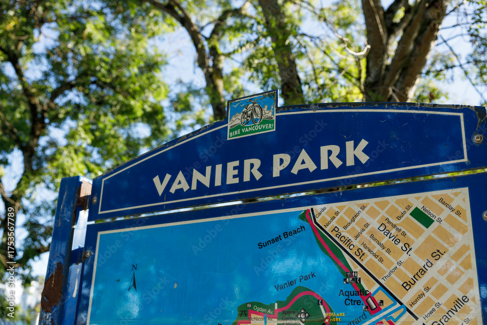 Vanier Park blue directional sign with map showing streets and Sunset ...