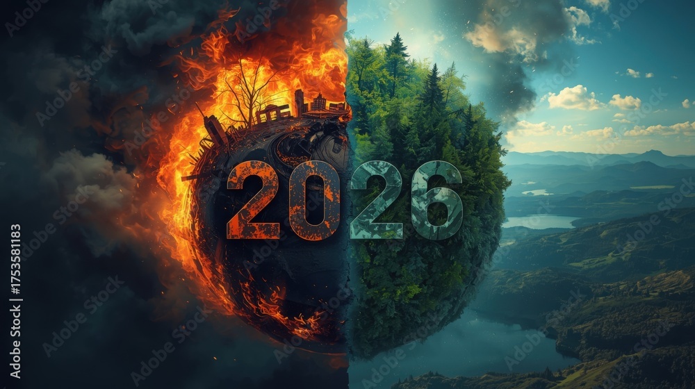 Earth divided showing climate change impact with the year 2026 ...