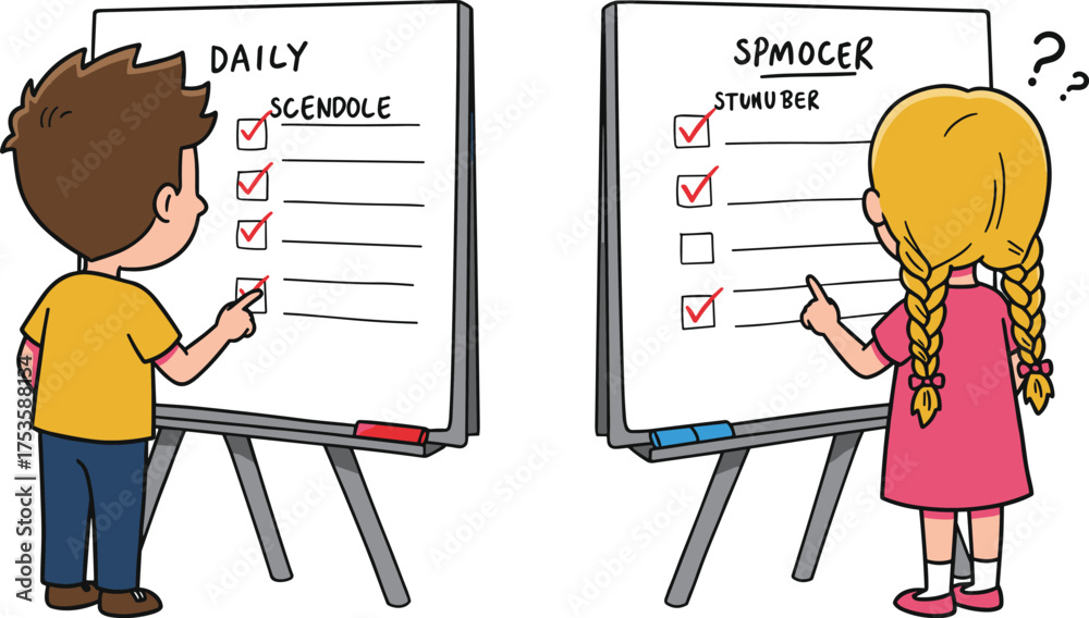 Children checking daily task list, cartoon routine scene, emotional ...