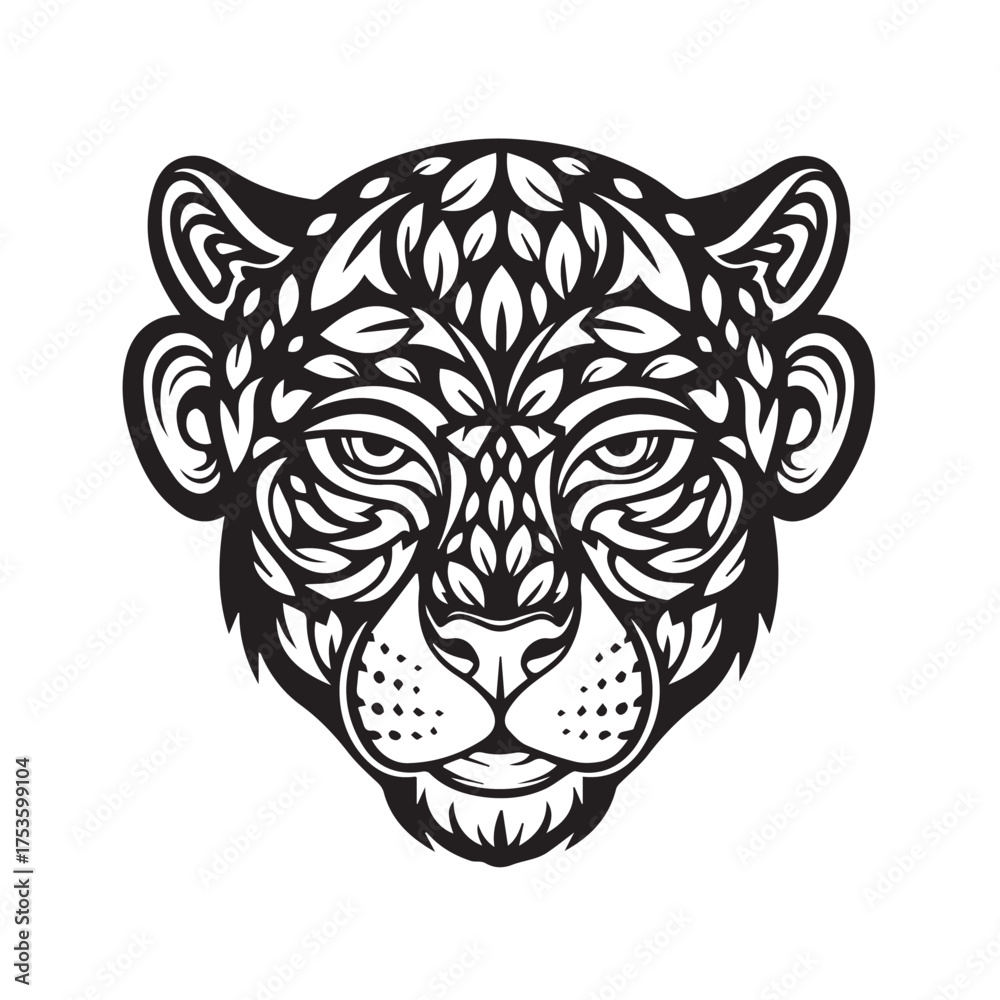 Black and white stylized jaguar head with floral leaf patterns and ...