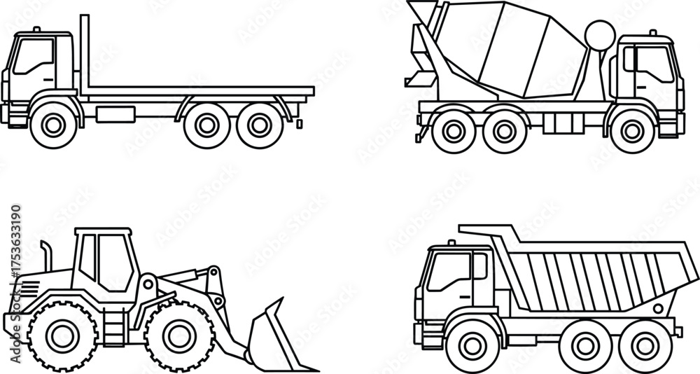 Construction vehicle vector set, industrial truck icons, black line ...