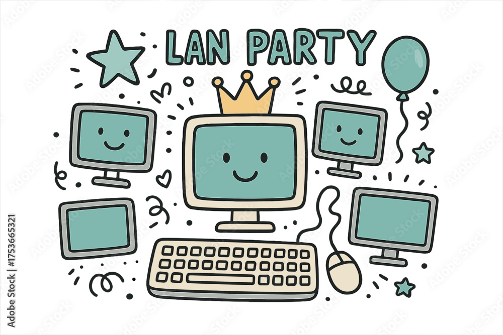 LAN Party Doodle. LAN party illustration doodle style: hand drawn ...