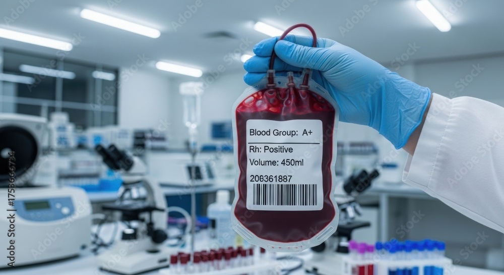 Gloved hand holding A+ blood bag labeled with volume and barcode in ...