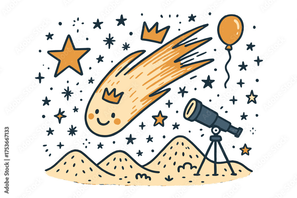 Whimsical Meteorscape. Meteor shower illustration doodle style: hand ...