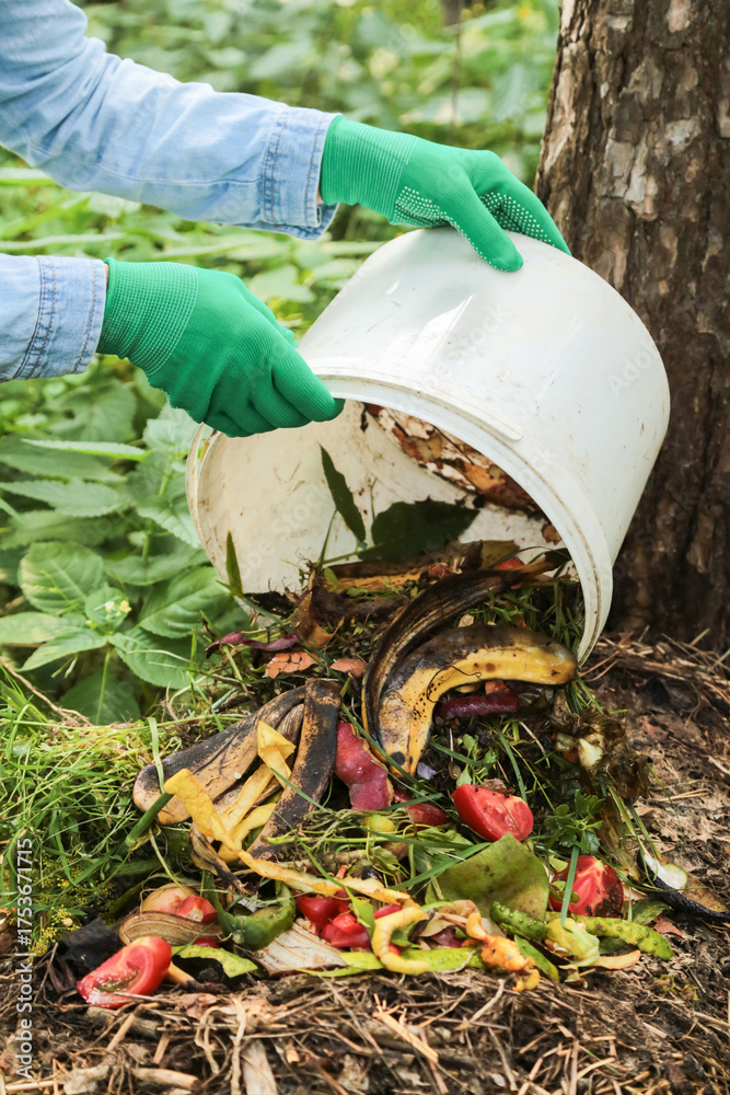 Compost heap pile with bio waste. Farmer with vegetables and fruits ...