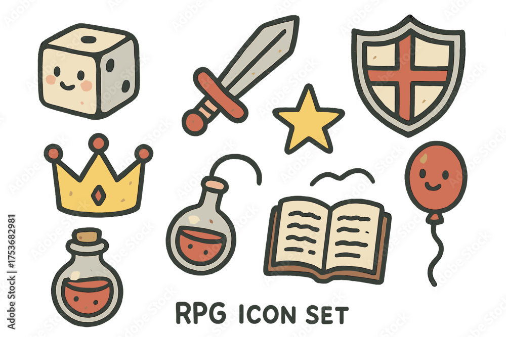 RPG Icon Collection. RPG doodle icon set: hand drawn icons of dice with ...