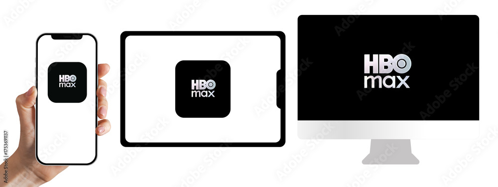 HBO Max platform icon on various technological equipment. Transparent ...