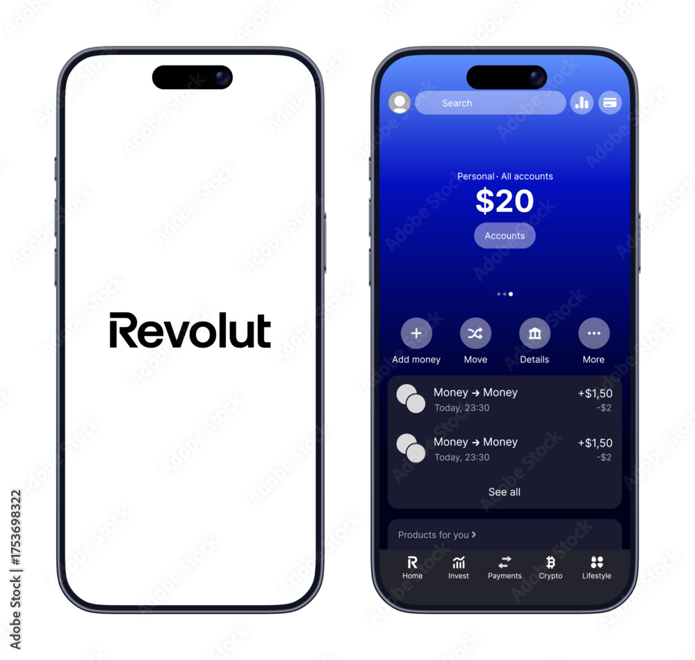 Revolut mobile banking app UI mockup template. Revolut digital finance ...