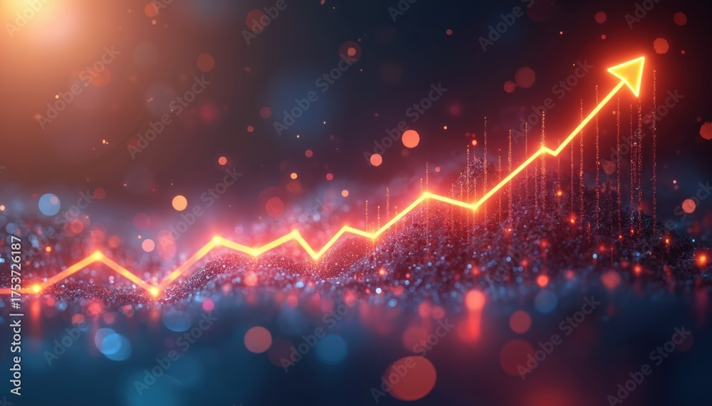 Glowing orange line graph shows growth trend with upward arrow. Graph ...