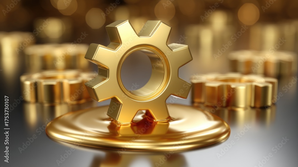 Glistening golden machine cog standing within rich viscous golden ...