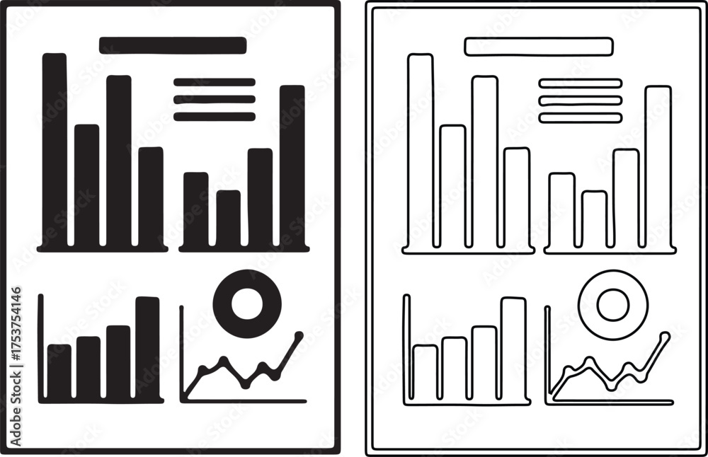 Two versions of a business report showing bar graphs line charts and ...