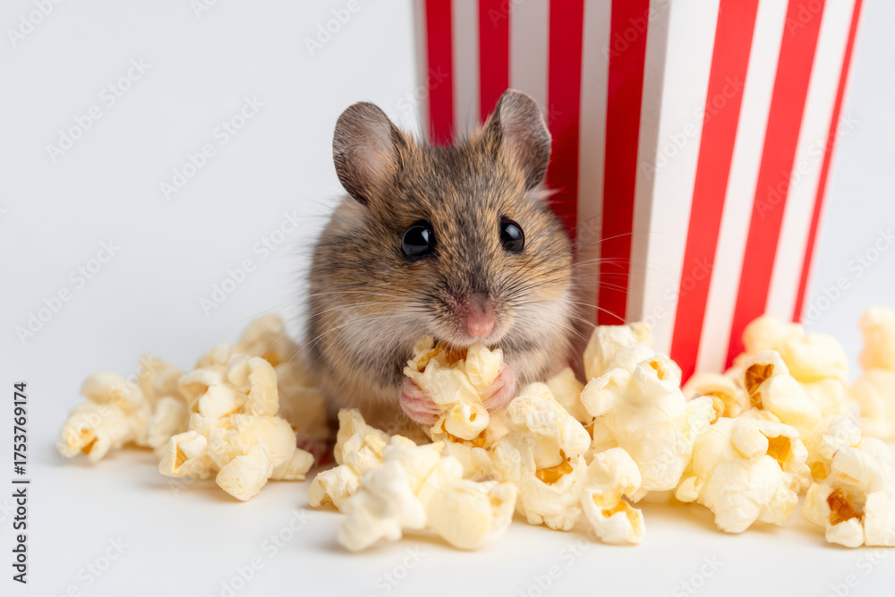 mouse eating popcorn from a box as a movie snack, highlighted on a ...