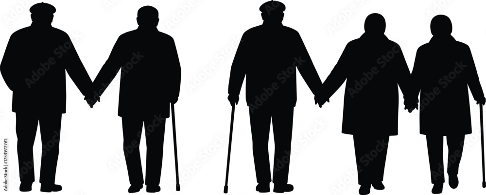 Elderly silhouettes walking together, senior couple holding hands, old ...