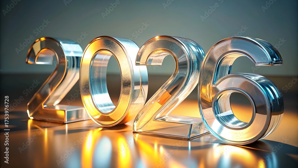 Shiny metallic 3d numbers 2026 with a reflective surface and dramatic ...