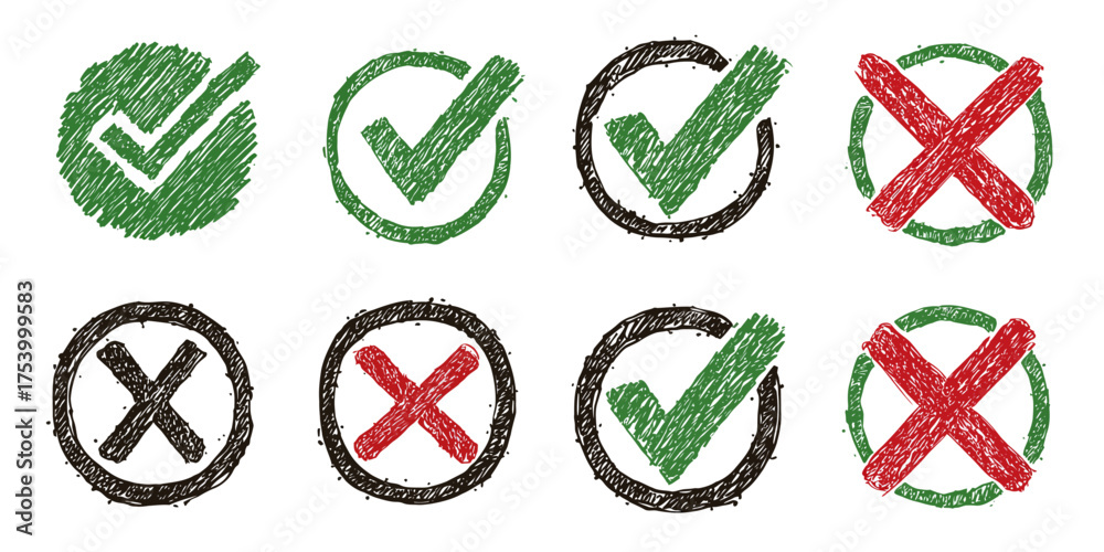 Hand-drawn scribble check and cross mark icons. Green checkmarks and ...