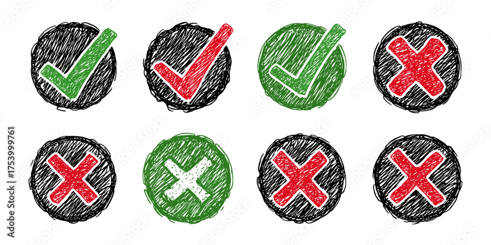Praca wektorowa bez tantiem: Hand-drawn scribble check and cross mark ...