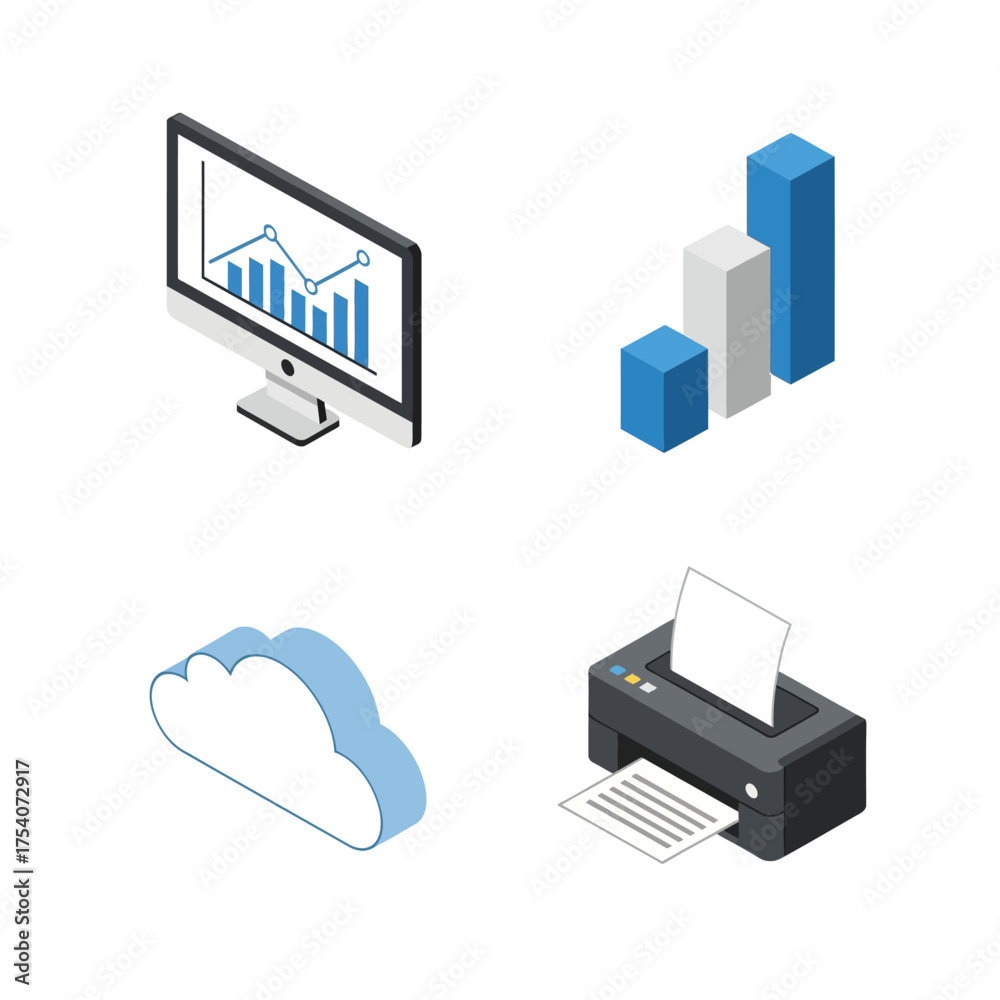 Isometric view of computer screen, cloud, printer and bar chart for ...