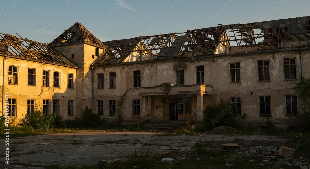 Dilapidated historic manor house with a collapsed roof and crumbling ...