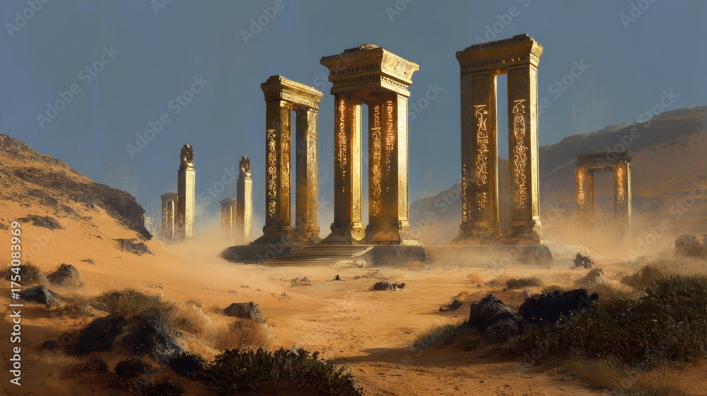 A forgotten temple emerges from desert sands, its golden pillars etched ...