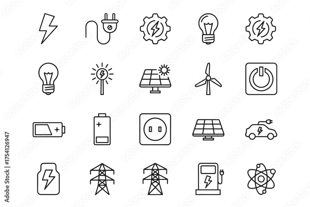 Stock-Vektorgrafik „Energy and power line icon set. Electricity, solar ...
