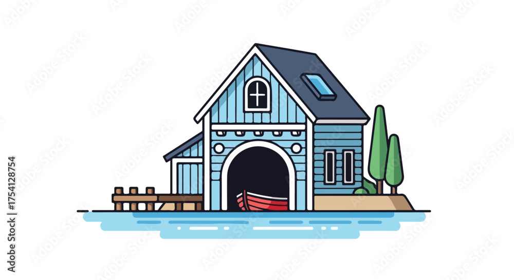 Charming cartoon boathouse on the water with a red boat and trees ...