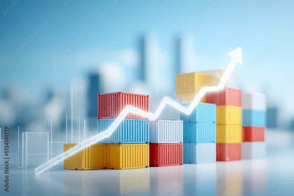 Stacked colorful cargo containers forming a rising graph with an arrow ...