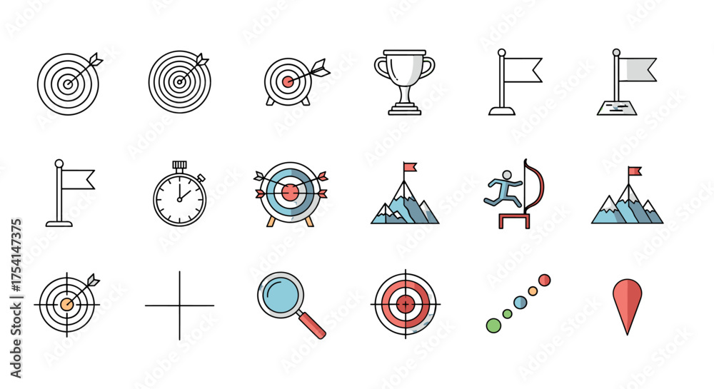 Goal achievement icon set. Business success and strategy vector symbols ...
