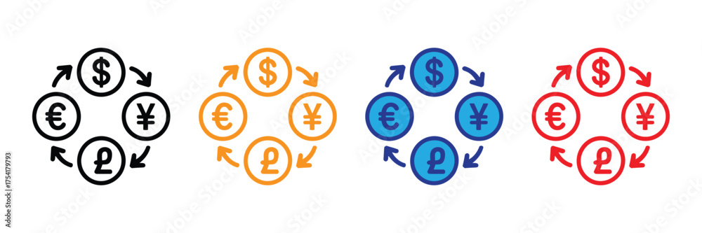 Four different colored currency exchange icons showing a circular flow ...