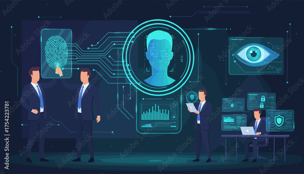 Biometric authentication. Fingerprint scanning, facial recognition ...