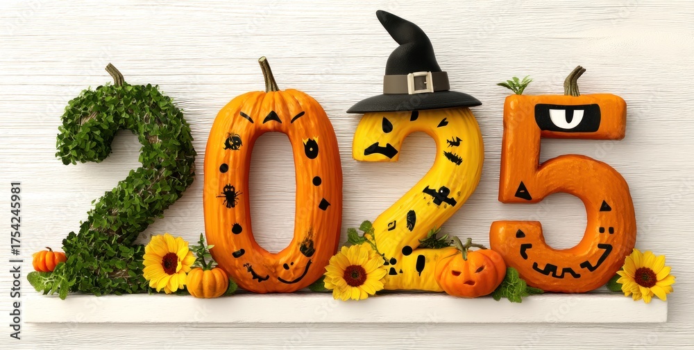 Halloween-themed 2025 numbers decorated with pumpkins, leaves, eyeball ...