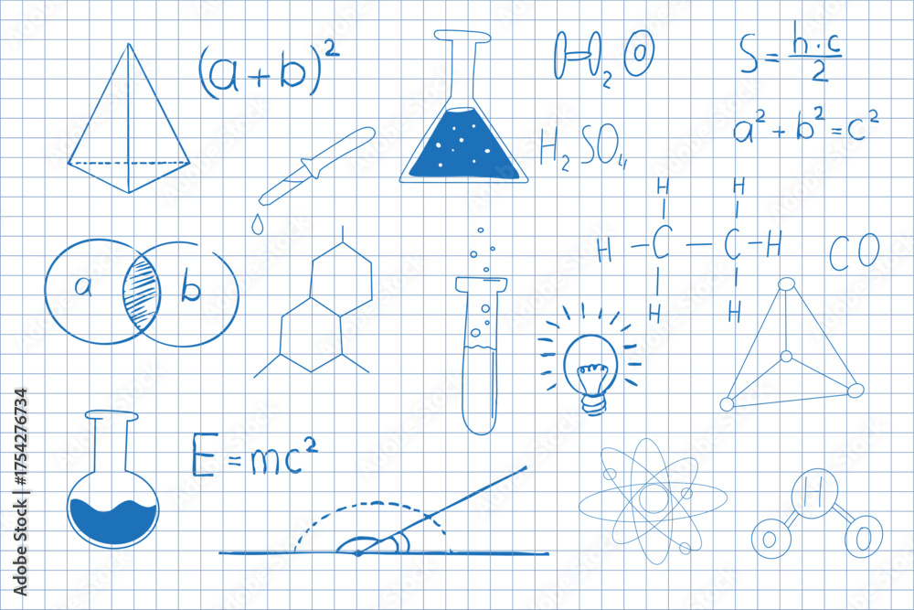 Science symbols formulas on notebook page background. Sketch symbols ...
